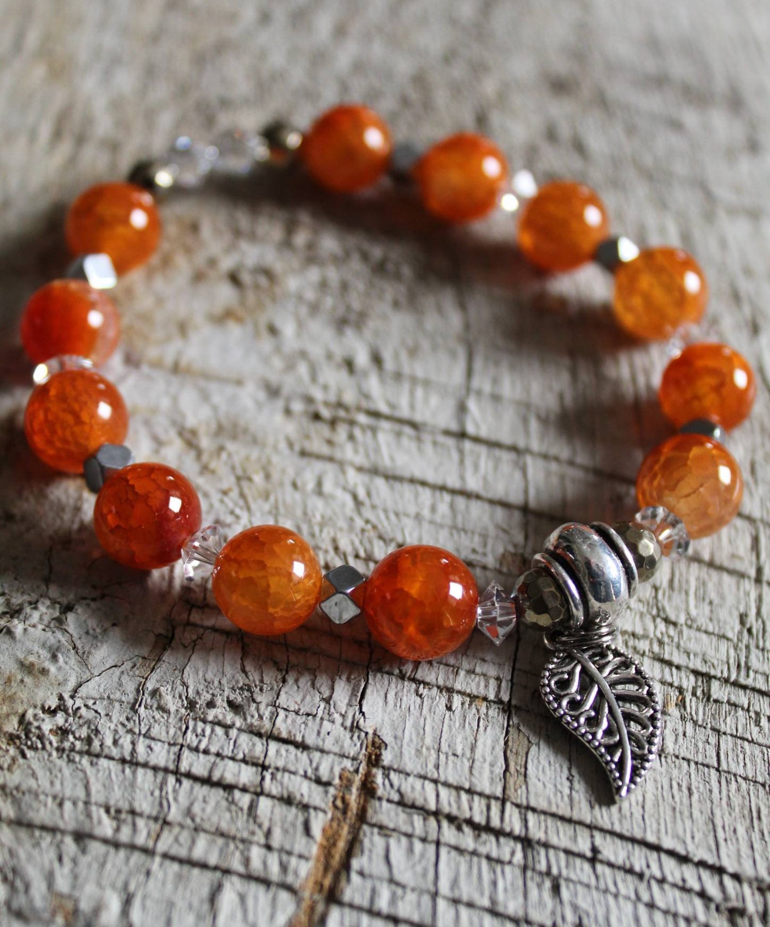 Fire Agate Beaded Stretch Bracelet, Orange Bead Bracelet, Agate ...