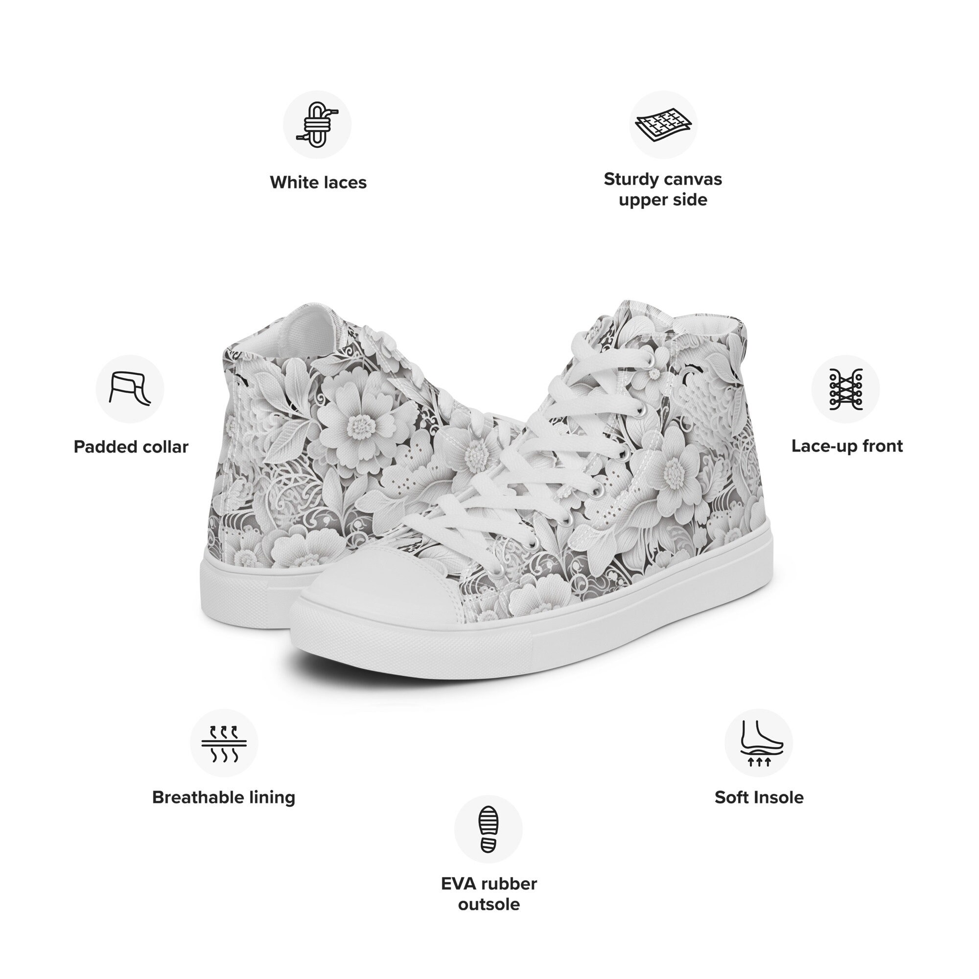 White Floral Hi-top Sneakers for Women, Stylish Casual Shoes, Trendy ...