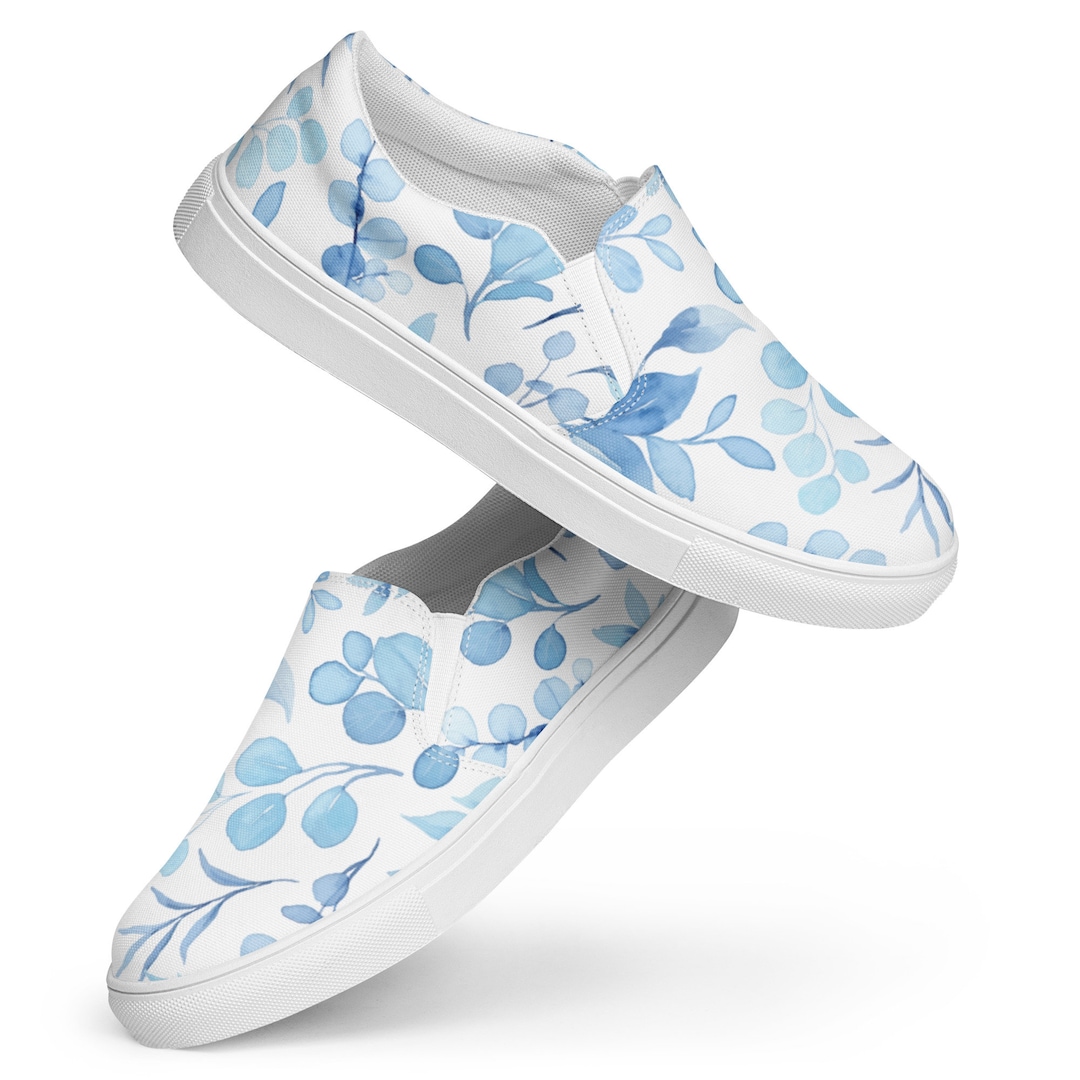 Women's Shoes - Light Blue Floral Canvas Slip-on, Fashionable Women's ...