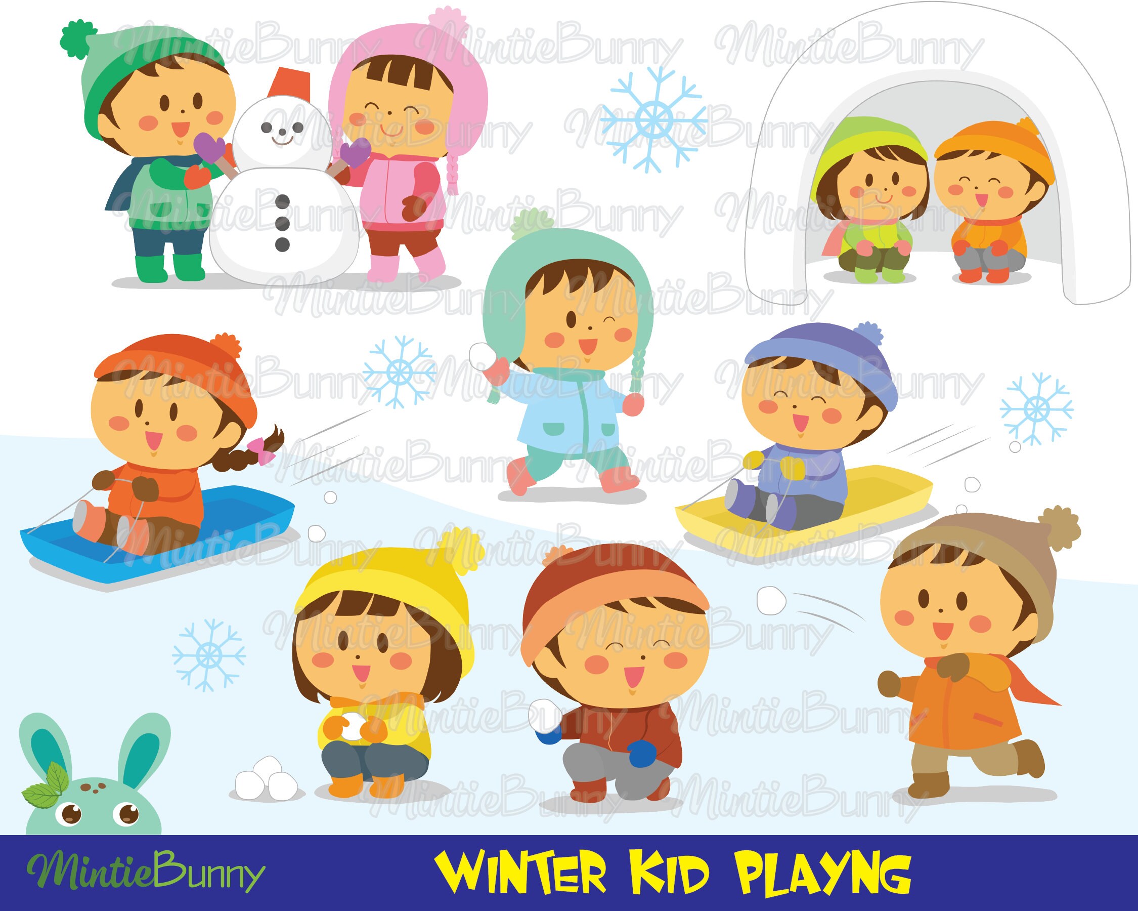Winter Clipart Kid Girl Boy Playng Children Playing Hand Drawn Sticker ...