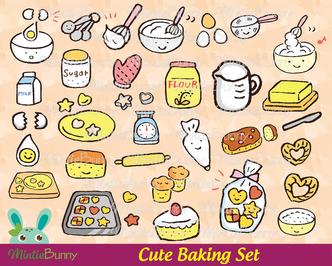 Baking Clipart - Cute Bake Set Cupcake Cookie Hand Drawn - Kawaii Cute ...