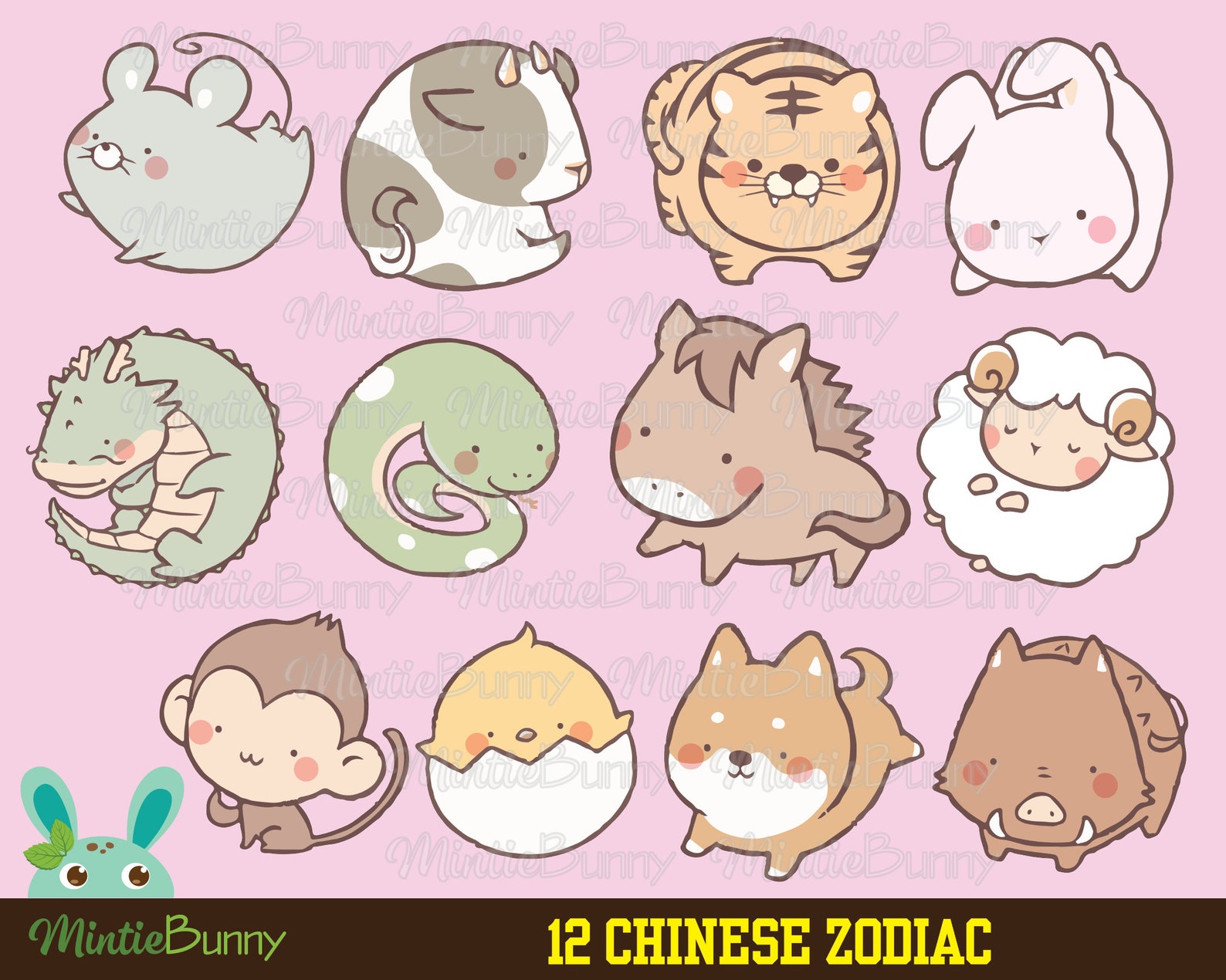 Zodiac Clipart - Horoscope Clipart - 12 Chinese Zodiac Signs - Hand ...