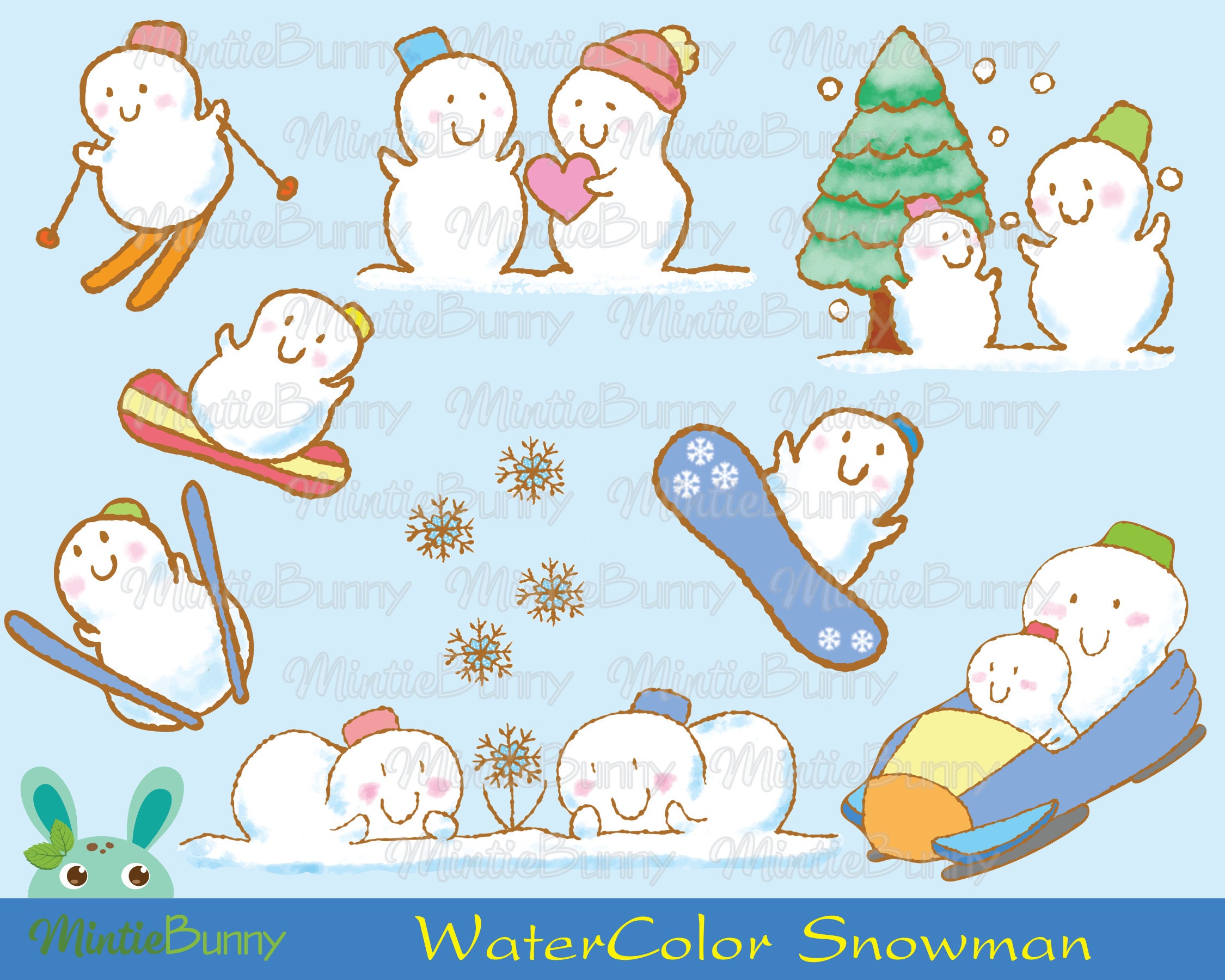 Snowman Clipart - Winter Clipart - Watercolor Clipart - Kawaii Clipart ...