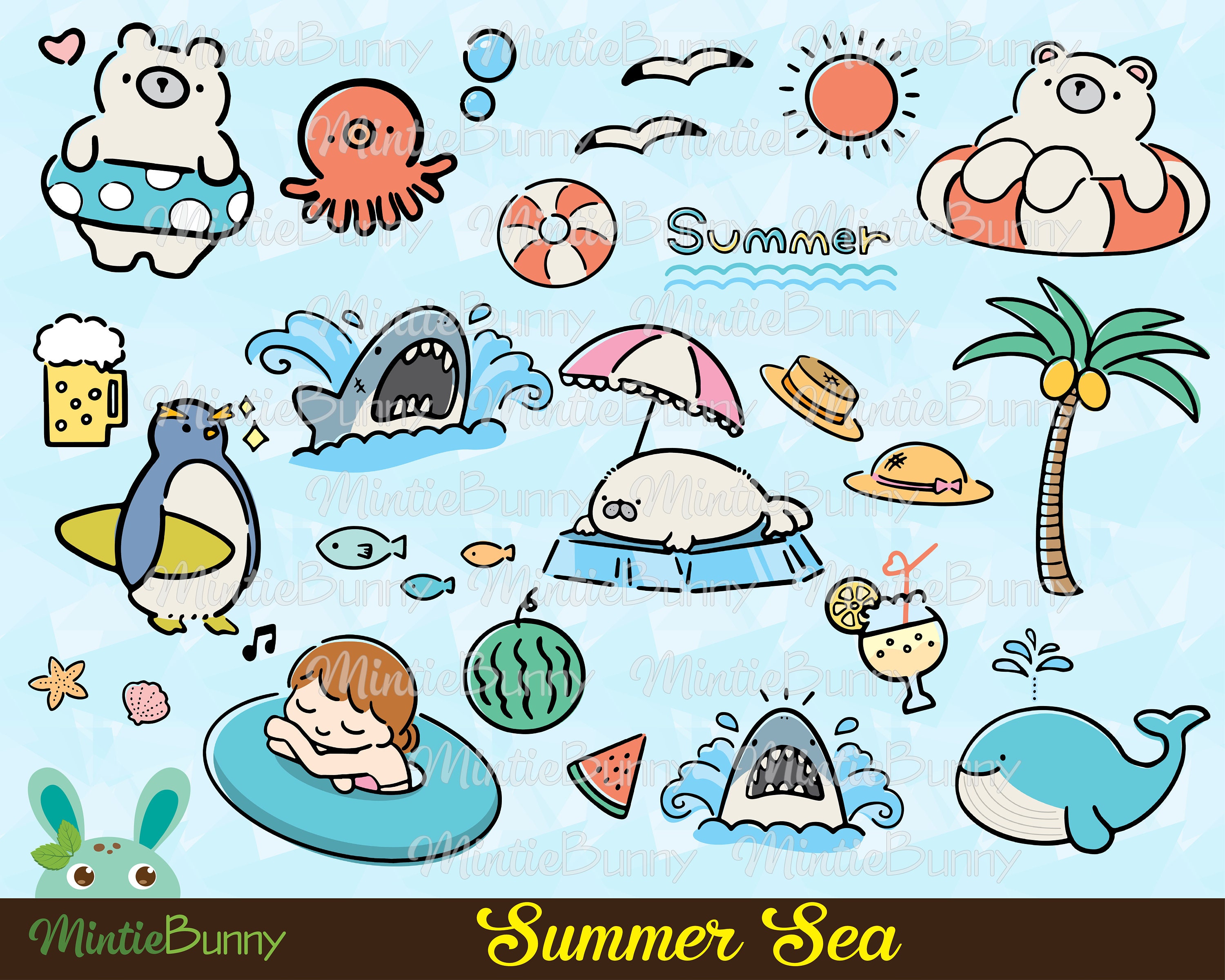 Cute Summer Clipart Sea Beach Fish Shark Bear Seal Clipart Instant ...