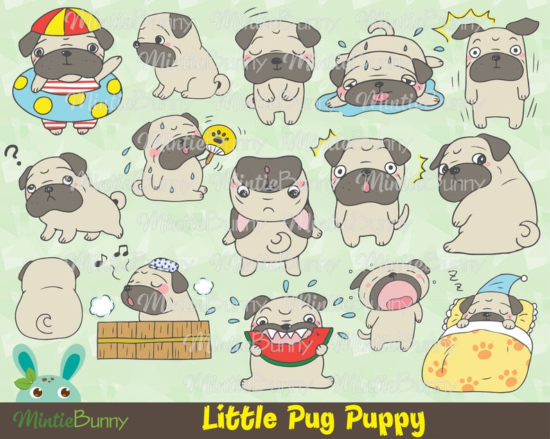 Little Pug Clipart - Cute Puppy Dog Hand Drawn - Kawaii Cute - Instant ...