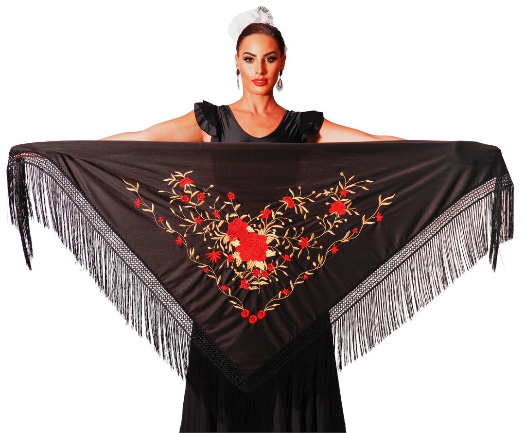 Spanish Manila Shawl for Flamenco Dance, Triangular Red-gold Flower ...