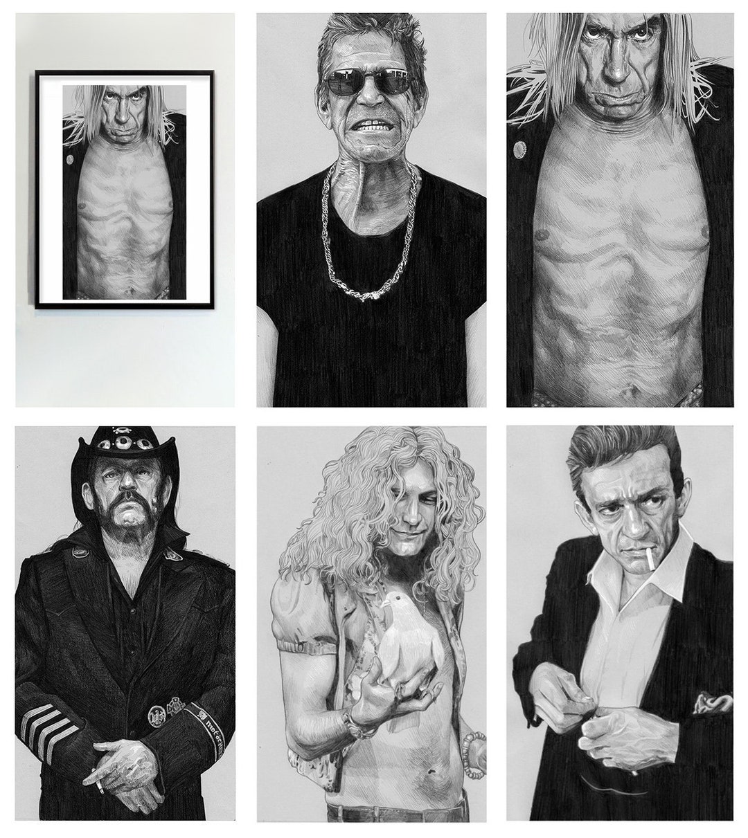 5 Signed Numbered Rock Portraits: Lou Reed, Iggy Pop, Lemmy Kilmister ...