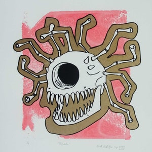 11x14 Metallic Gold & Coral Beholder Skeleton Fantasy Animal Bones Silk ...