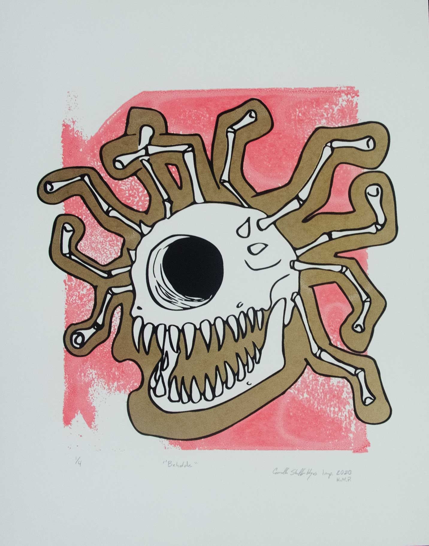 11x14 Metallic Gold & Coral Beholder Skeleton Fantasy Animal Bones Silk ...