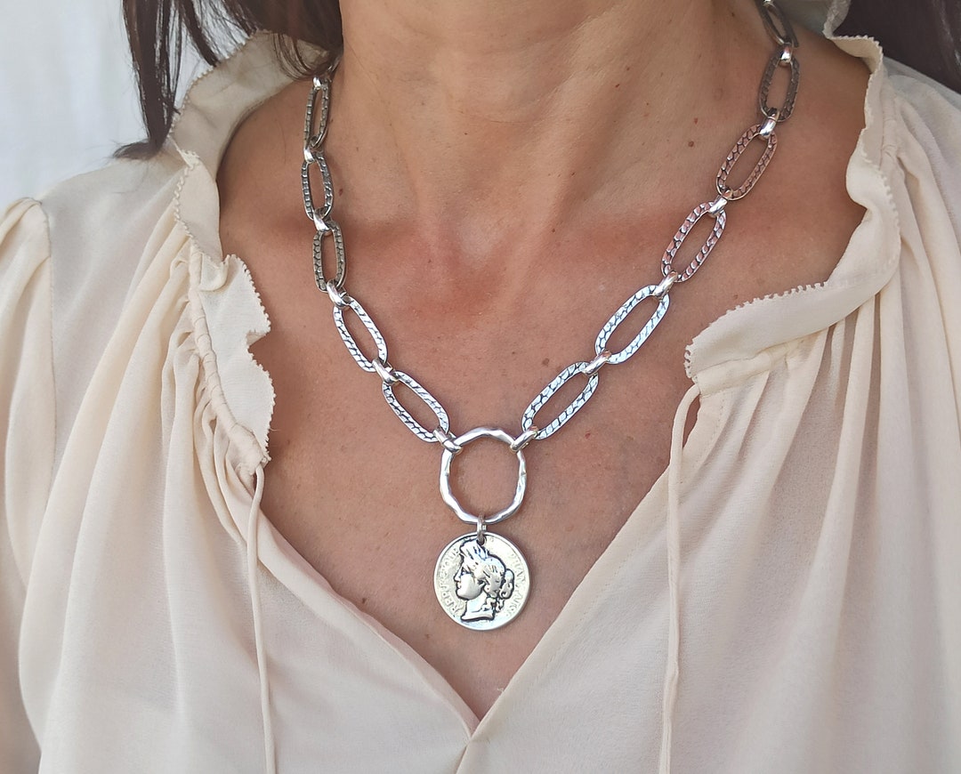 Silver Chunky Necklace, Chunky Coin Necklace, Antique Coin Necklace ...