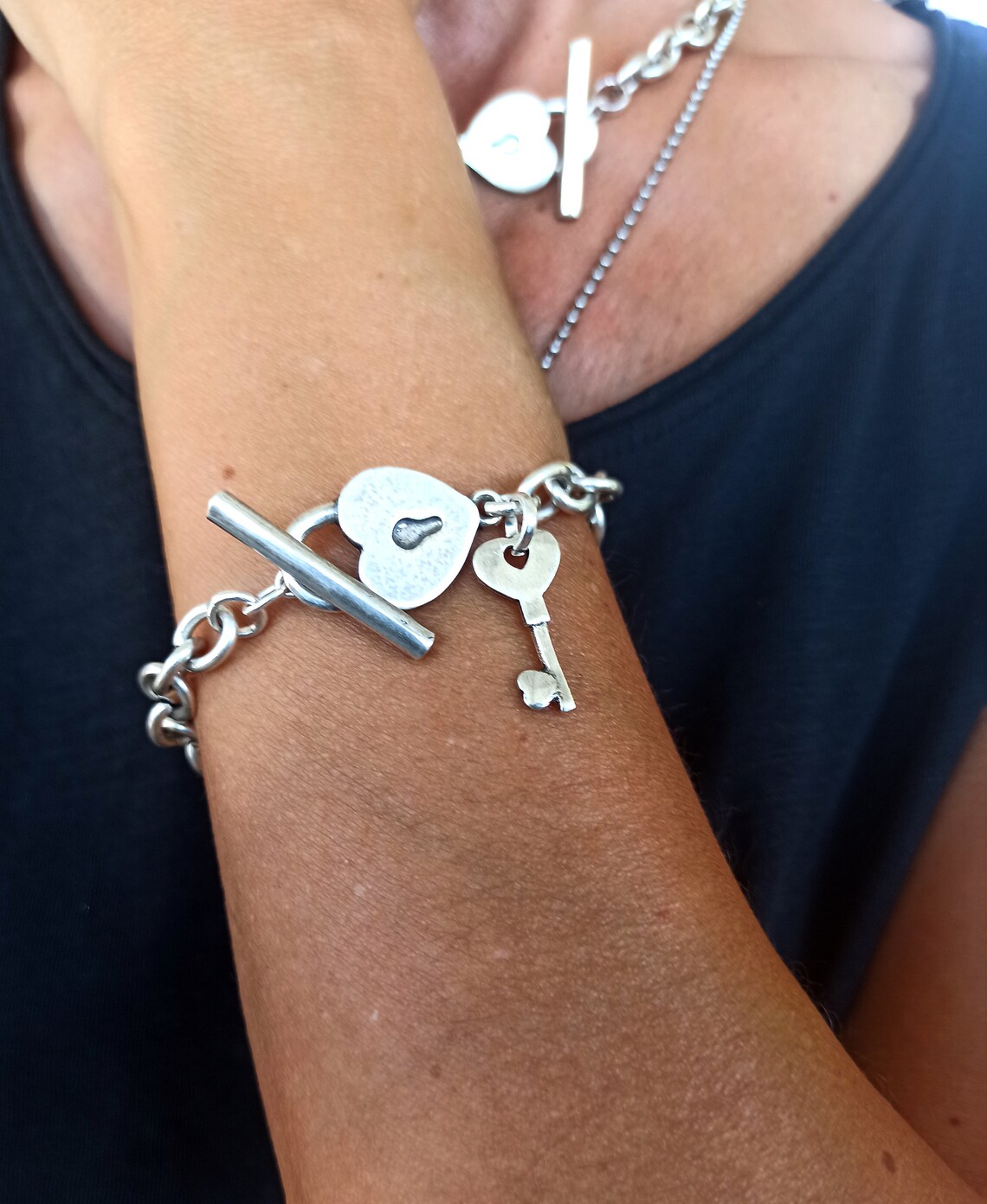 Silver chunky bracelet Heart key and lock bracelet Heart | Etsy