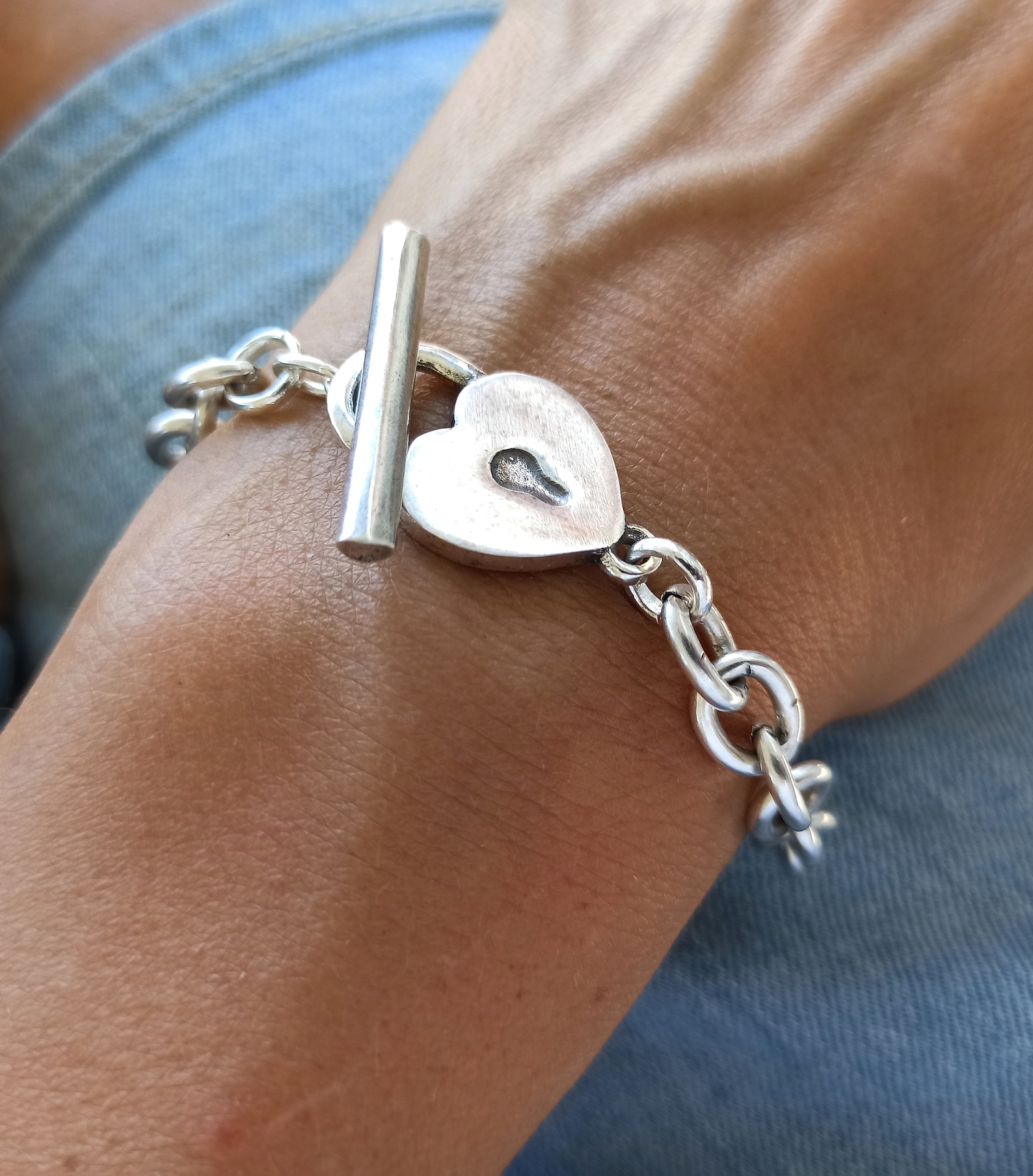 Silver Chunky Bracelet Heart Silver Chain Bracelet Heart - Etsy