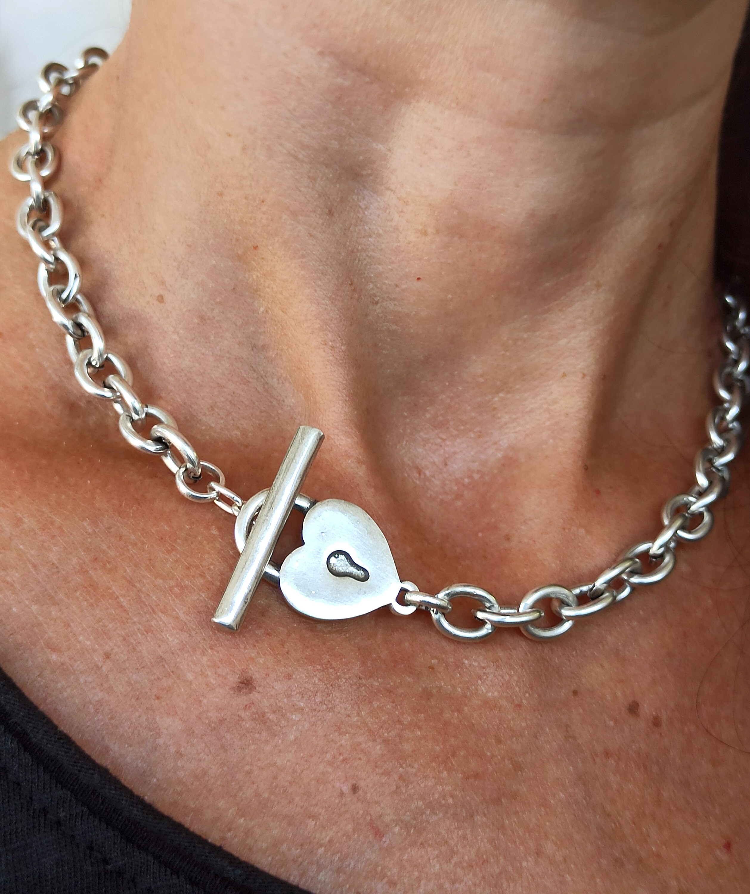 Silver chunky necklace Heart Toggle Necklace Silver toggle | Etsy