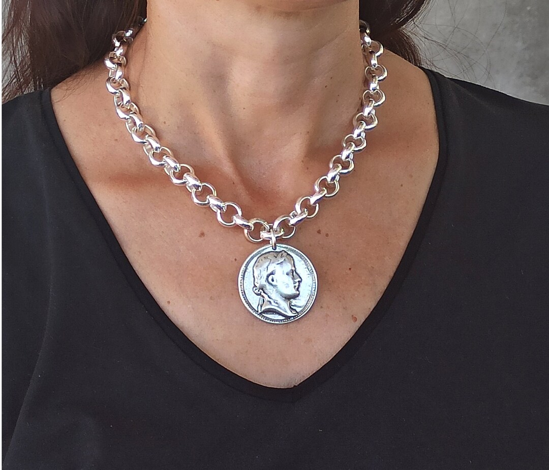 Silver Chunky Necklace, Chunky Coin Necklace, Antique Coin Necklace ...