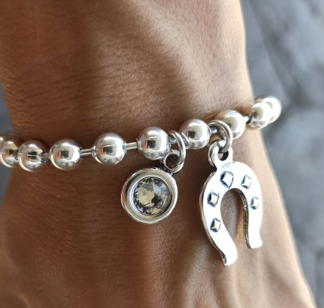 Silver Horseshoe Charm Bracelet: Chunky Ball Chain, Swarovski Crystal ...
