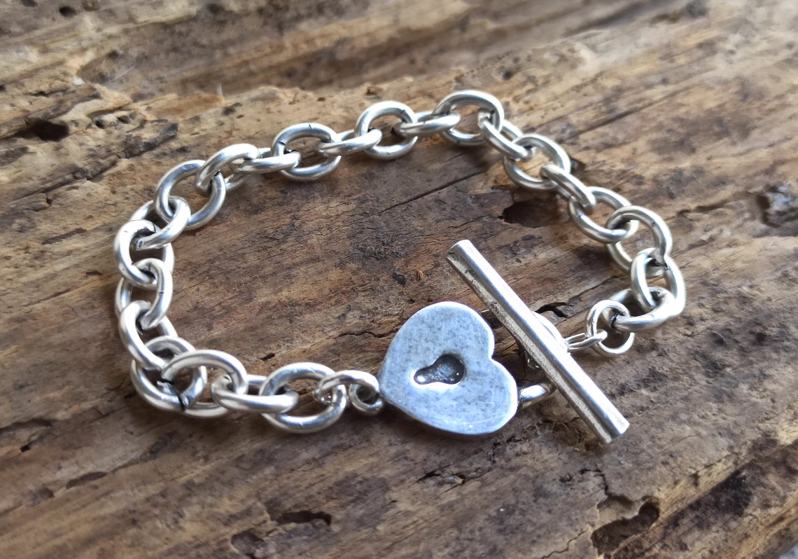 Silver Chunky Bracelet Heart Silver Chain Bracelet Heart - Etsy