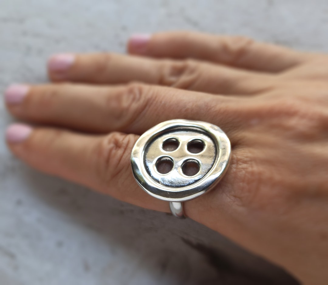 Adjustable Silver Button Ring: Chunky Zamak Statement Ring - Etsy