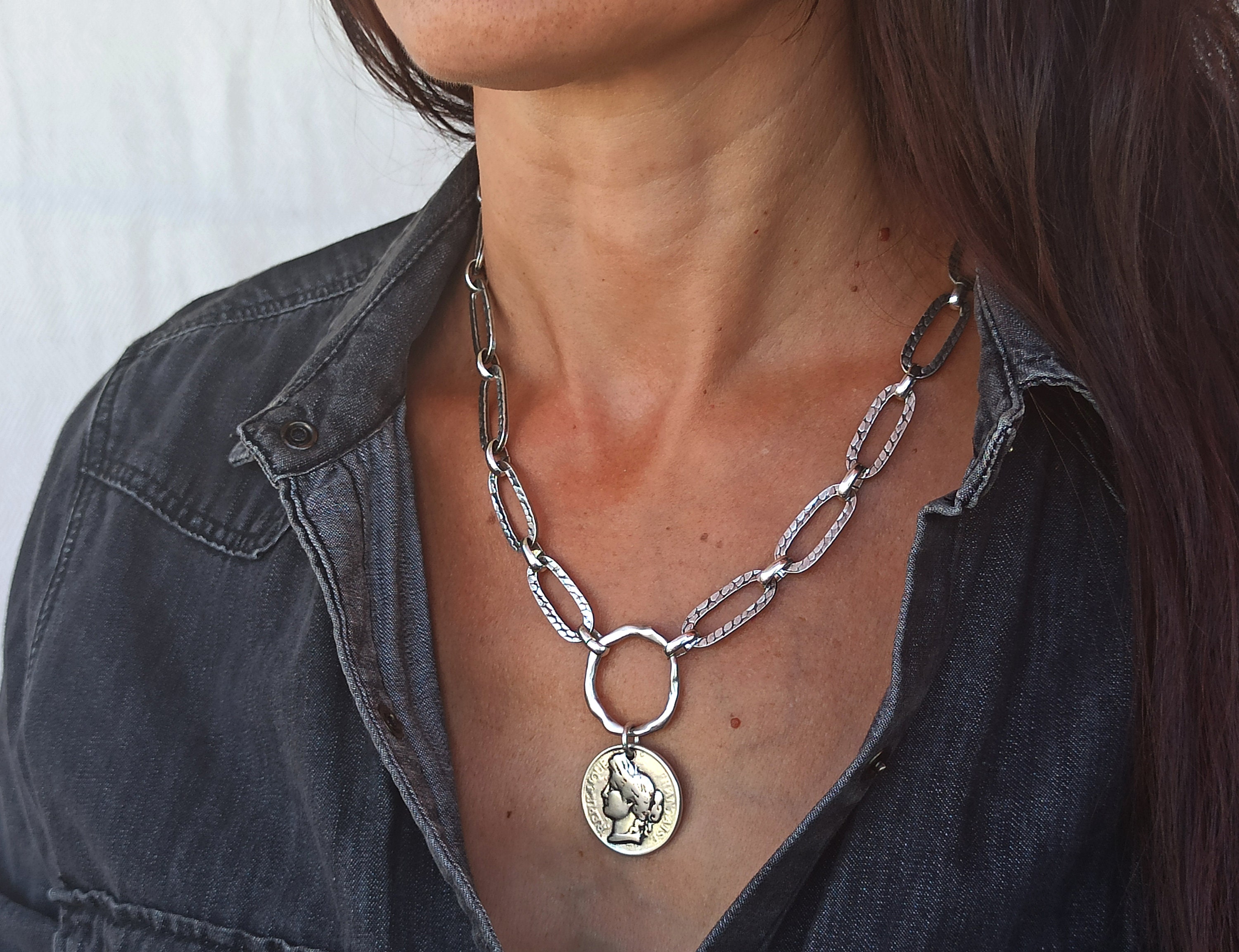 Silver Chunky Necklace Chunky Coin Necklace Antique Coin | Etsy