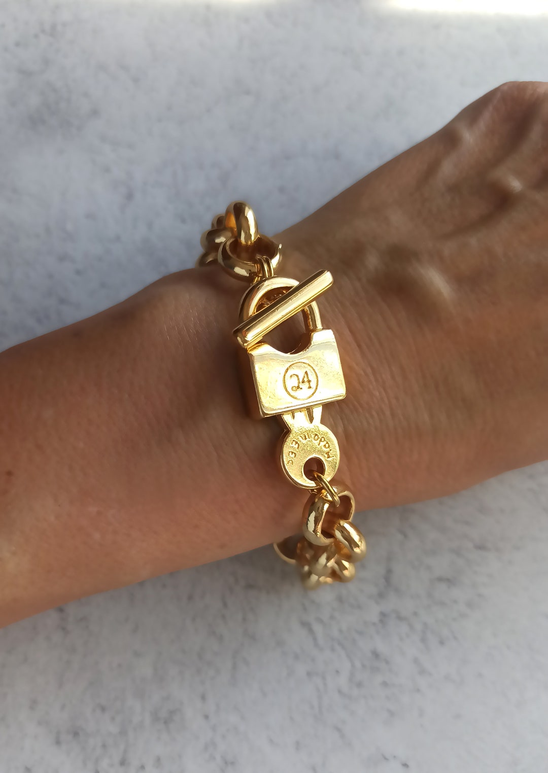 Chunky Padlock Bracelet, 18K Gold Plated Chunky Bracelet, Chunky Key ...