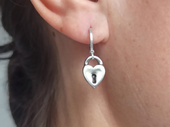 Heart Lock Earrings Charm Hoop Earrings Dangle Earrings Heart Padlock Earrings Etsy