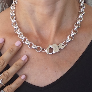 Silver Chunky Necklace, Key and Lock Necklace, Chunky Rolo Chain ...