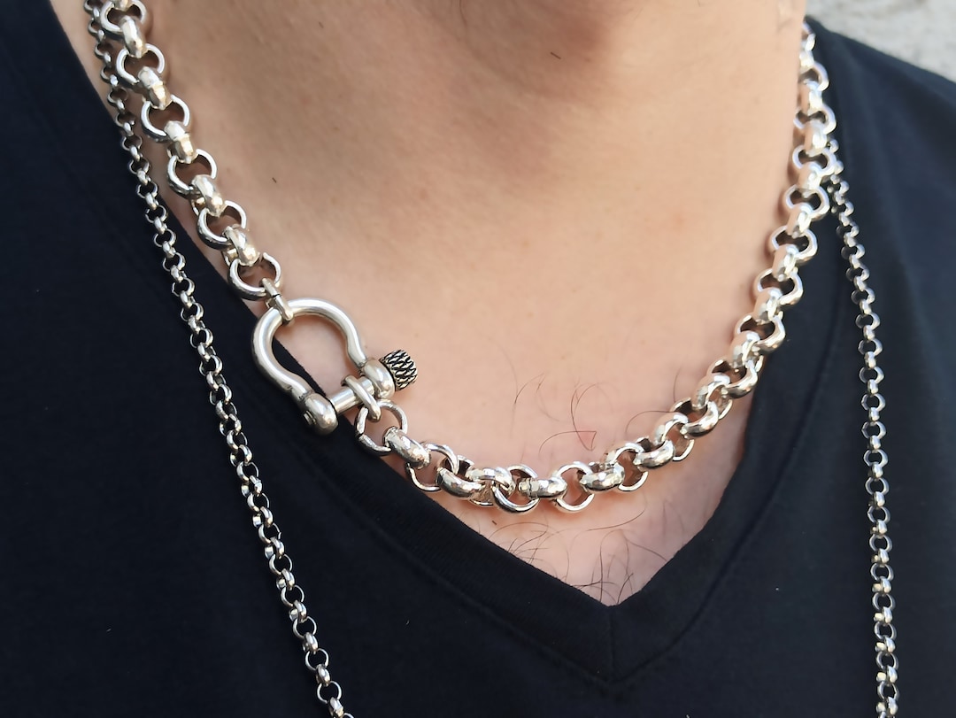 Men Silver Chunky Necklace, Silver Shackle Necklace, Chunky Rolo Chain ...