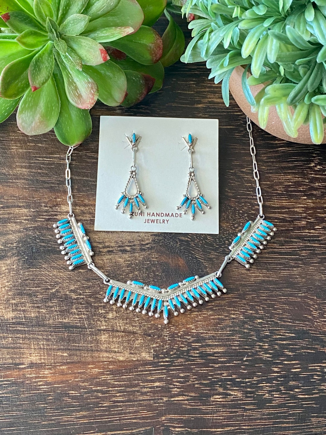 Zuni Made Turquoise & Sterling Silver Needlepoint Necklace Set - Etsy