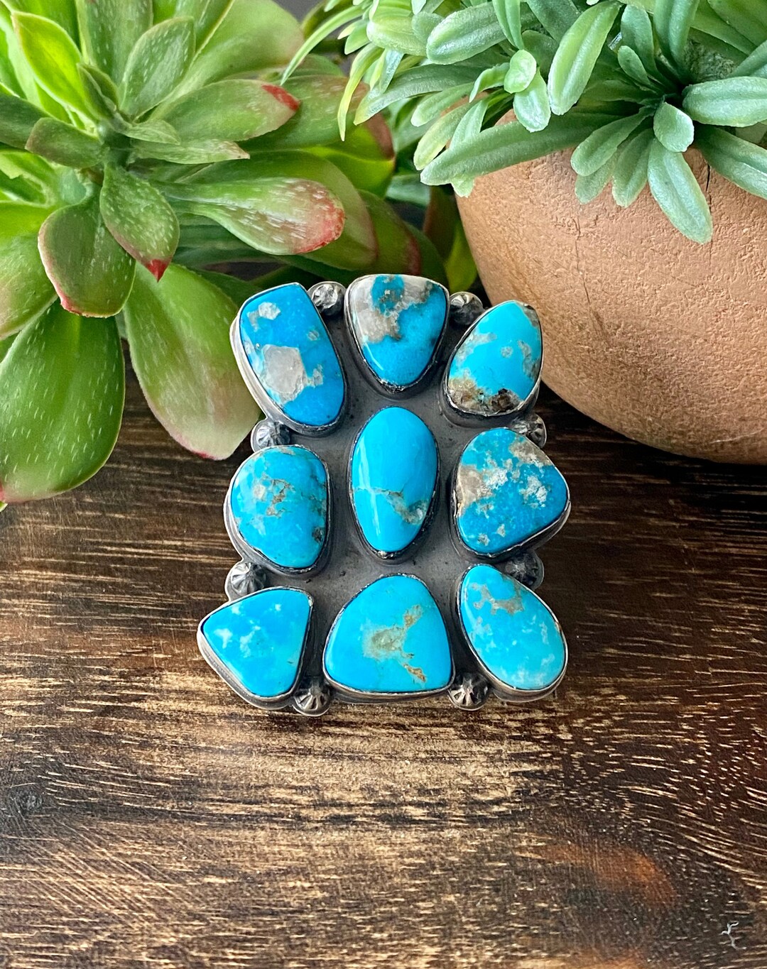 Gilbert Nez Kingman Turquoise & Sterling Silver Adjustable Ring Size 8. ...