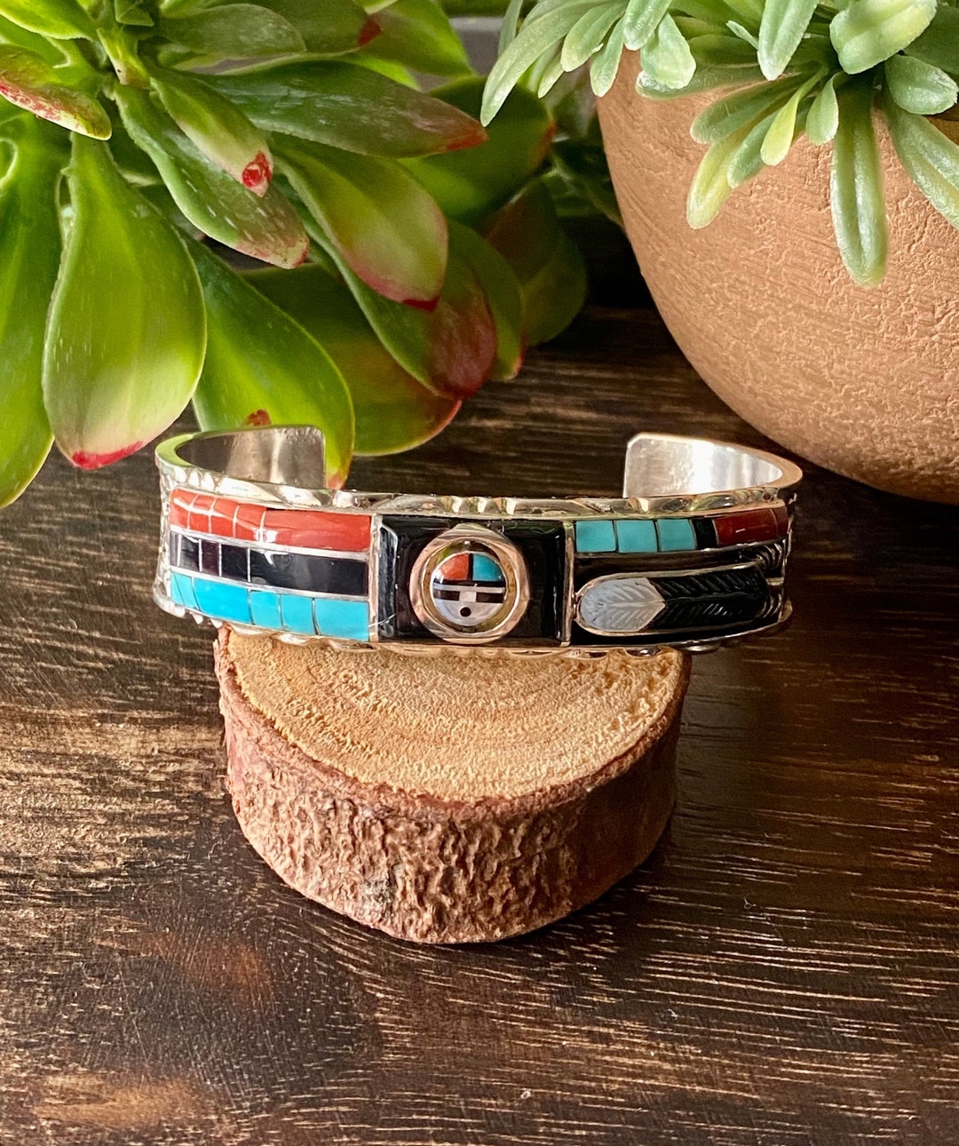 Don Dewa Multi Stone & Sterling Silver Inlay Sunface Cuff Bracelet - Etsy