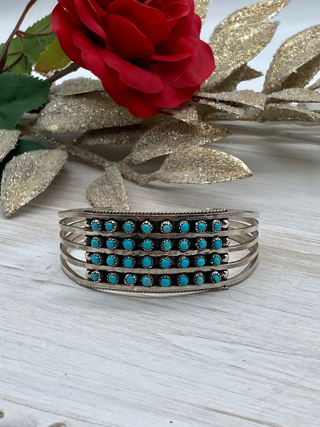 Zuni Made Turquoise & Sterling Silver Pettit Point Cuff Bracelet - Etsy