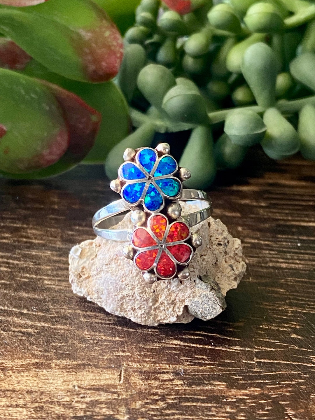 Zuni Made Opal & Sterling Silver Flower Inlay Rings - Etsy