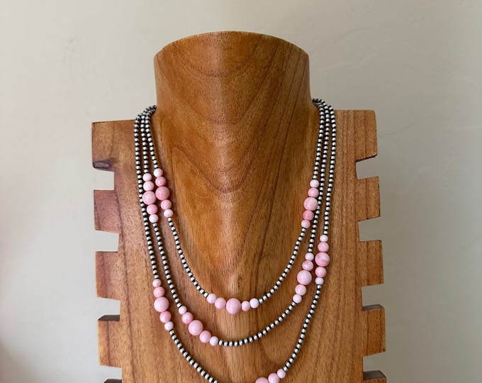 Navajo Strung Pink Conch & Sterling Silver 3 MM Pearls Beaded Necklace ...