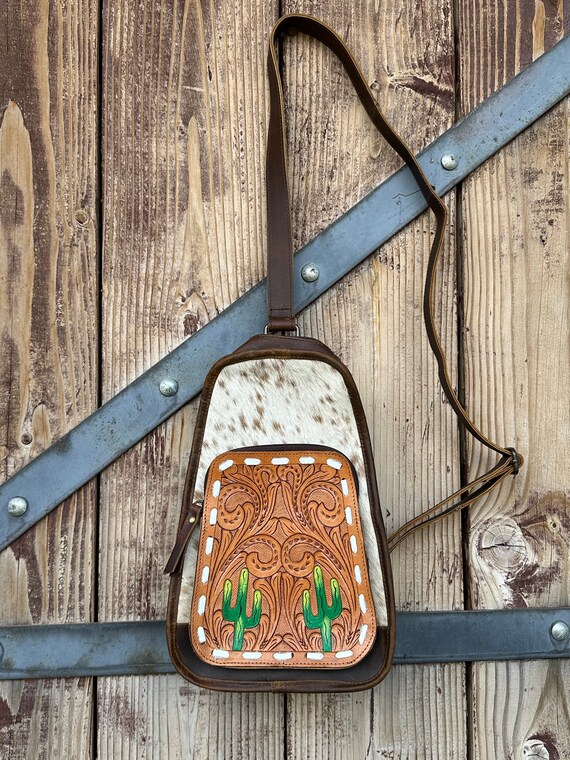 Genuine Tooled Leather & Cowhide Cross Body Purse/Pack - Gem
