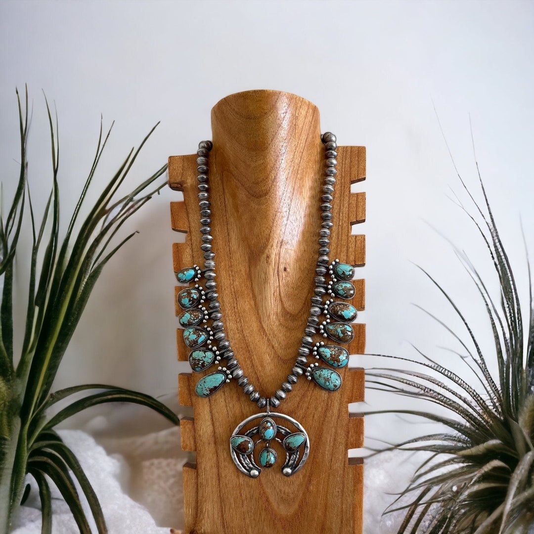 Navajo Made Ribbon Turquoise & Sterling Silver Squash Naja Blossom ...
