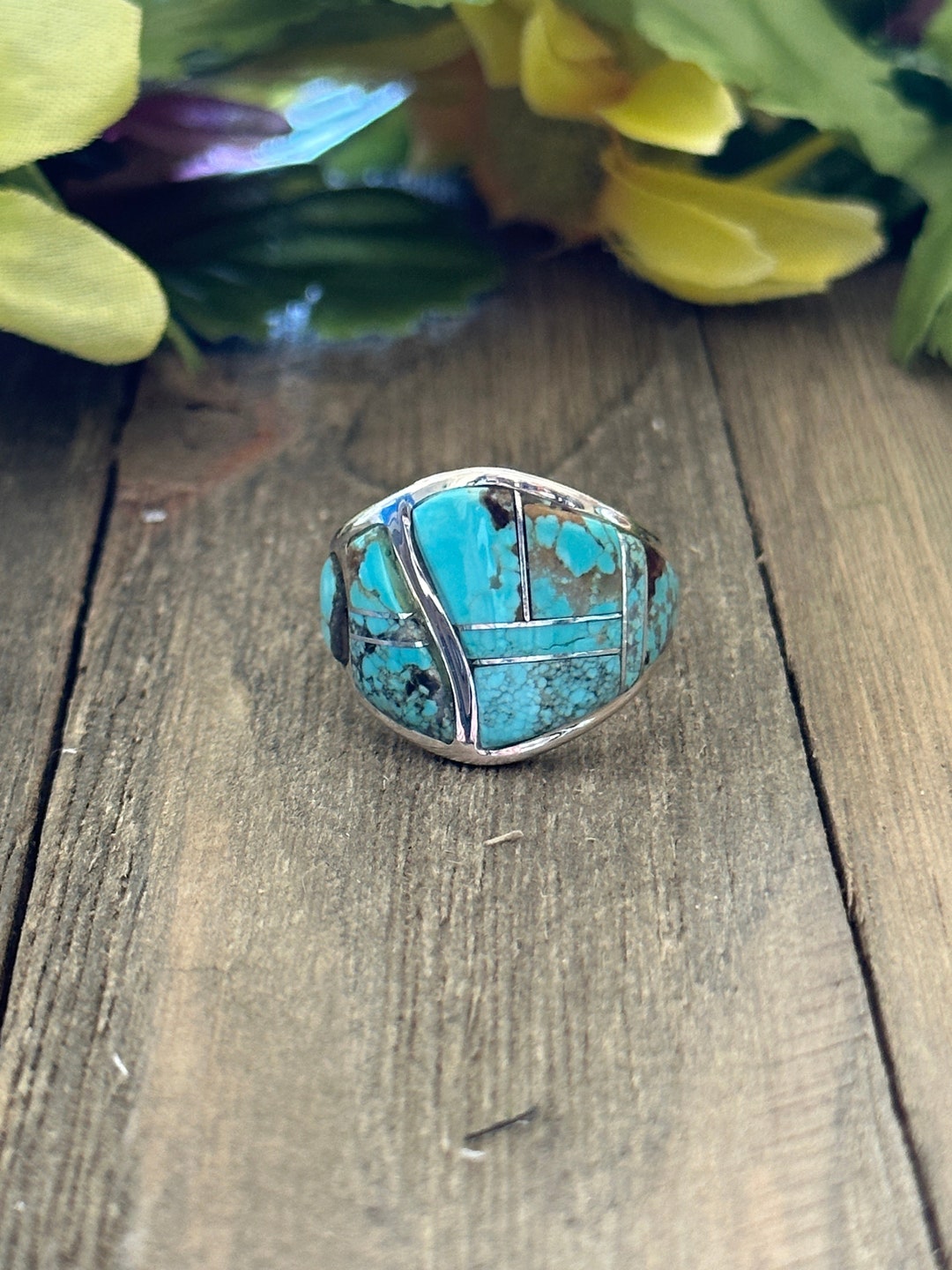 Navajo Made 8 Turquoise & Sterling Silver Inlay Ring Size 9.5 - Etsy
