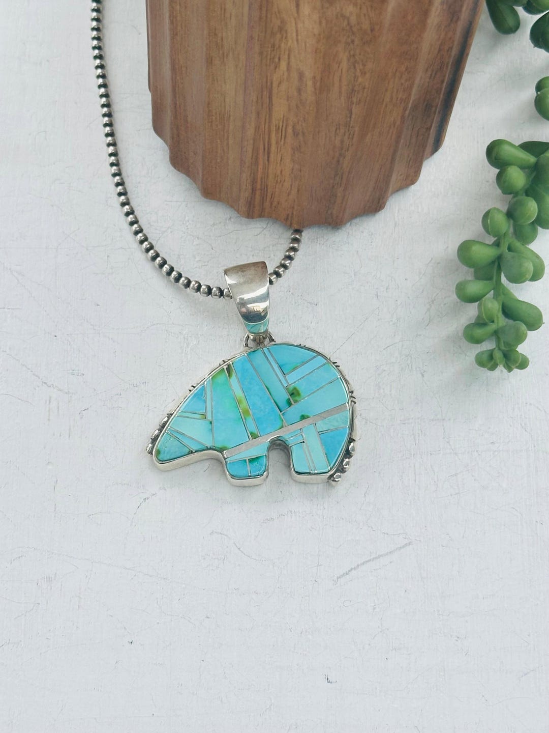 Navajo Made Sonoran Mountain Turquoise & Sterling Silver Inlay Bear ...