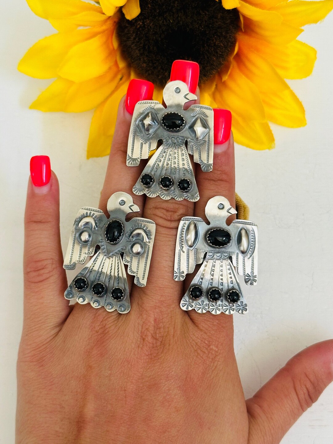 Tim Yazzie Kingman Onyx & Sterling Silver Thunderbird Adjustable Ring ...