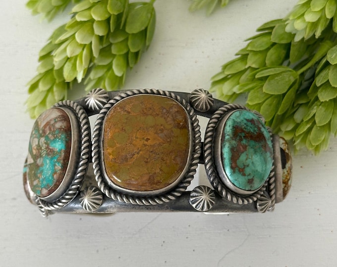 Navajo Ronald Tom Signed Big Sterling Silver and Turquoise Sandcast ...
