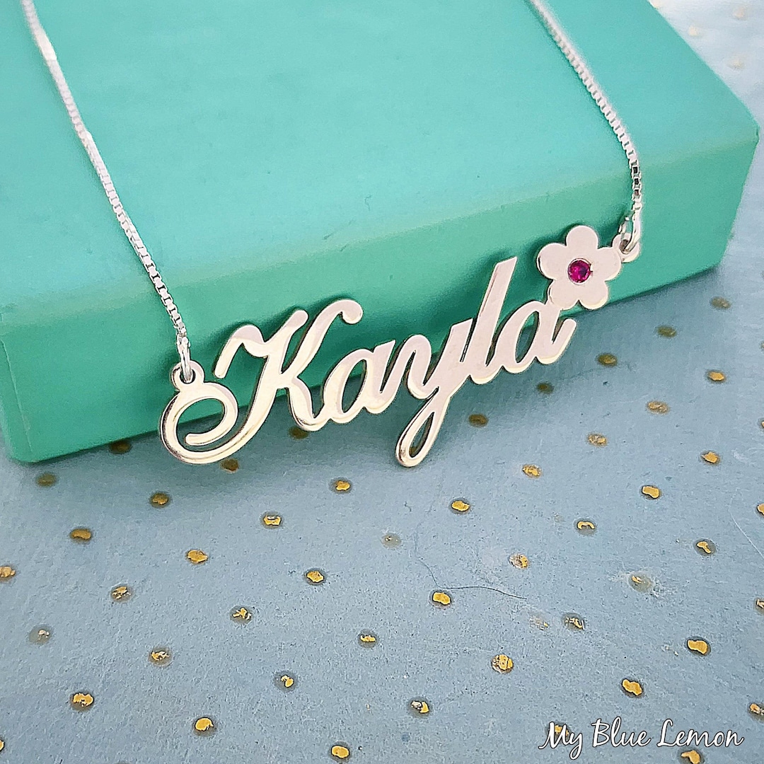 Name Necklace Woth Flower Kayla Design Birthstone Accent All Solid ...