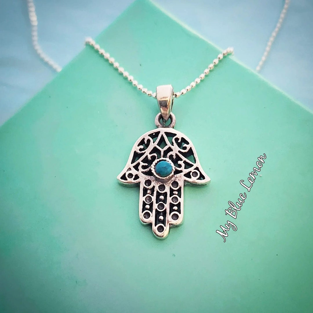 Hamsa Necklace • Solid Sterling Silver 925 Turquoise Hand of God ...