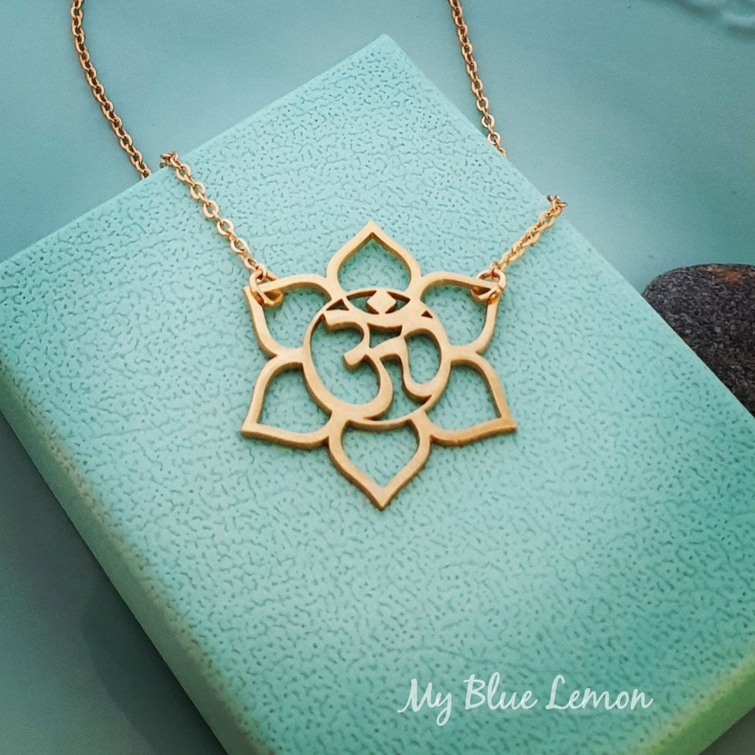 Ohm Pendant Gold Lotus Flower Chain Necklace Buddhism Meditation ...