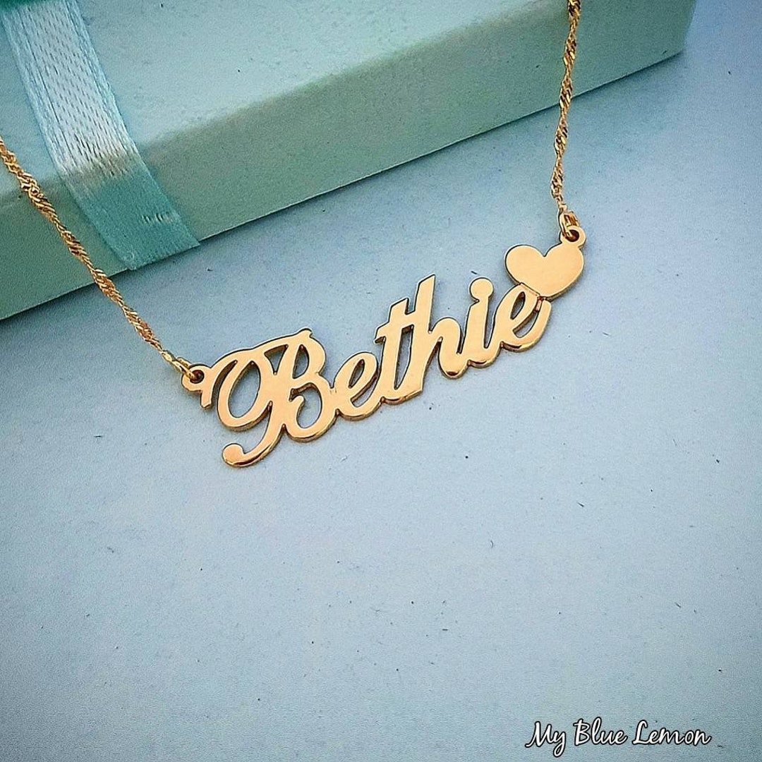 Real Gold Name Necklace Personalized Heart Design Angel Style Solid 14k ...