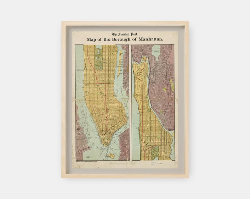 1897 Map of the Borough of Manhattan by the Evening Post New York City ...