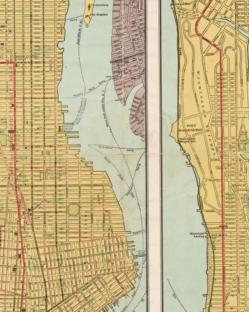 1897 Map of the Borough of Manhattan by the Evening Post New York City ...