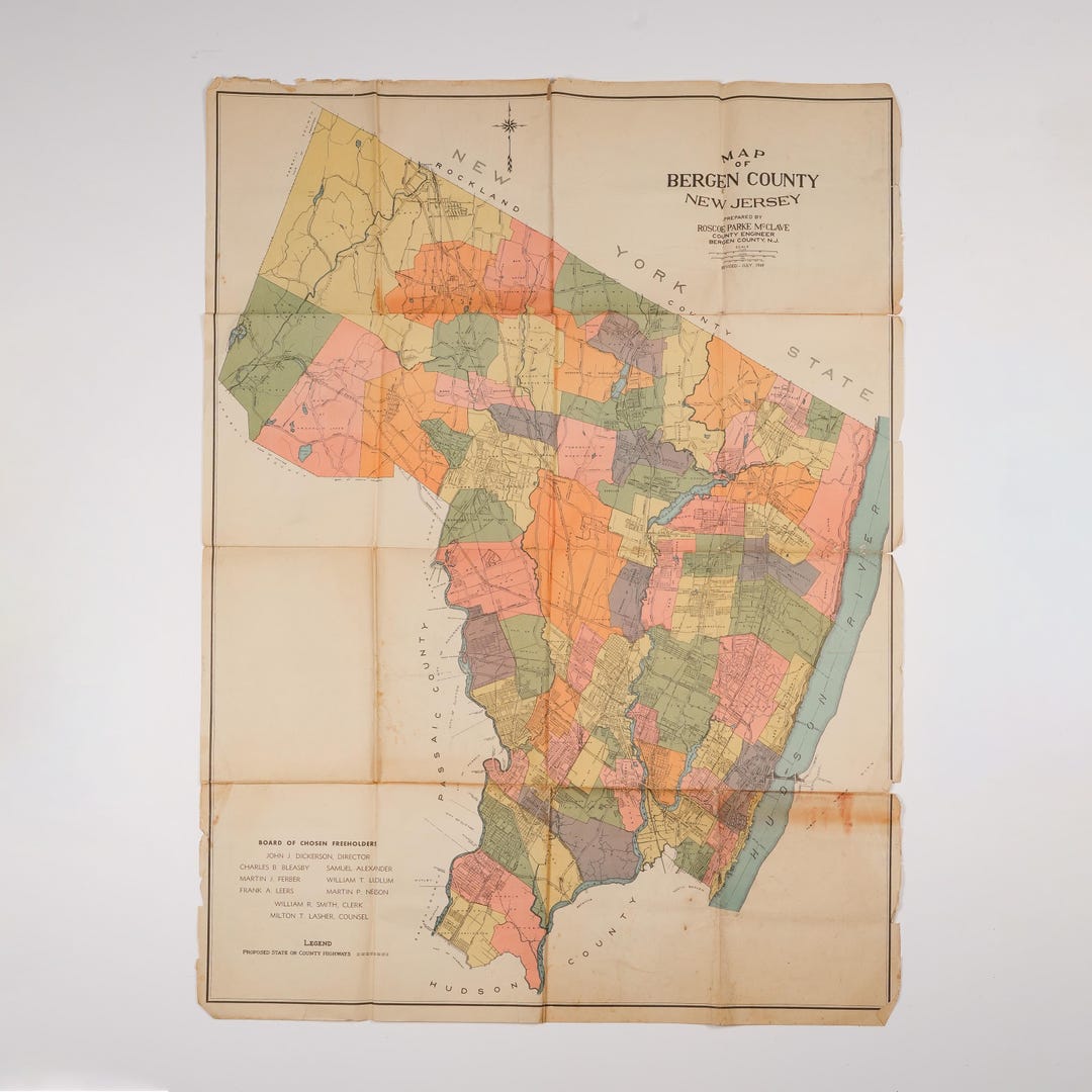 1949 Original Large Fold Out Map of Bergen County, New Jersey by ...
