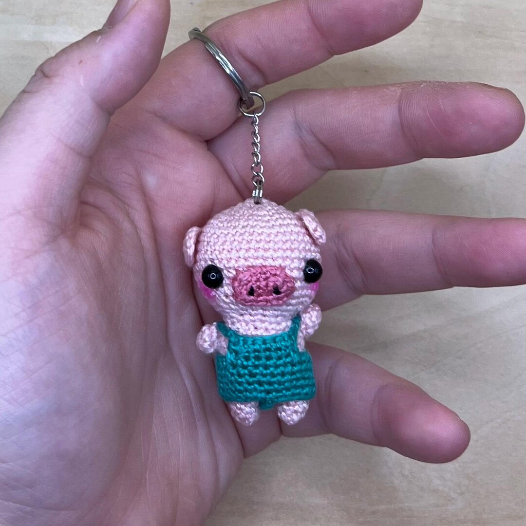 Mini Stuffed Crocheted Pig With Teal Overalls Keychain - Stuffed ...