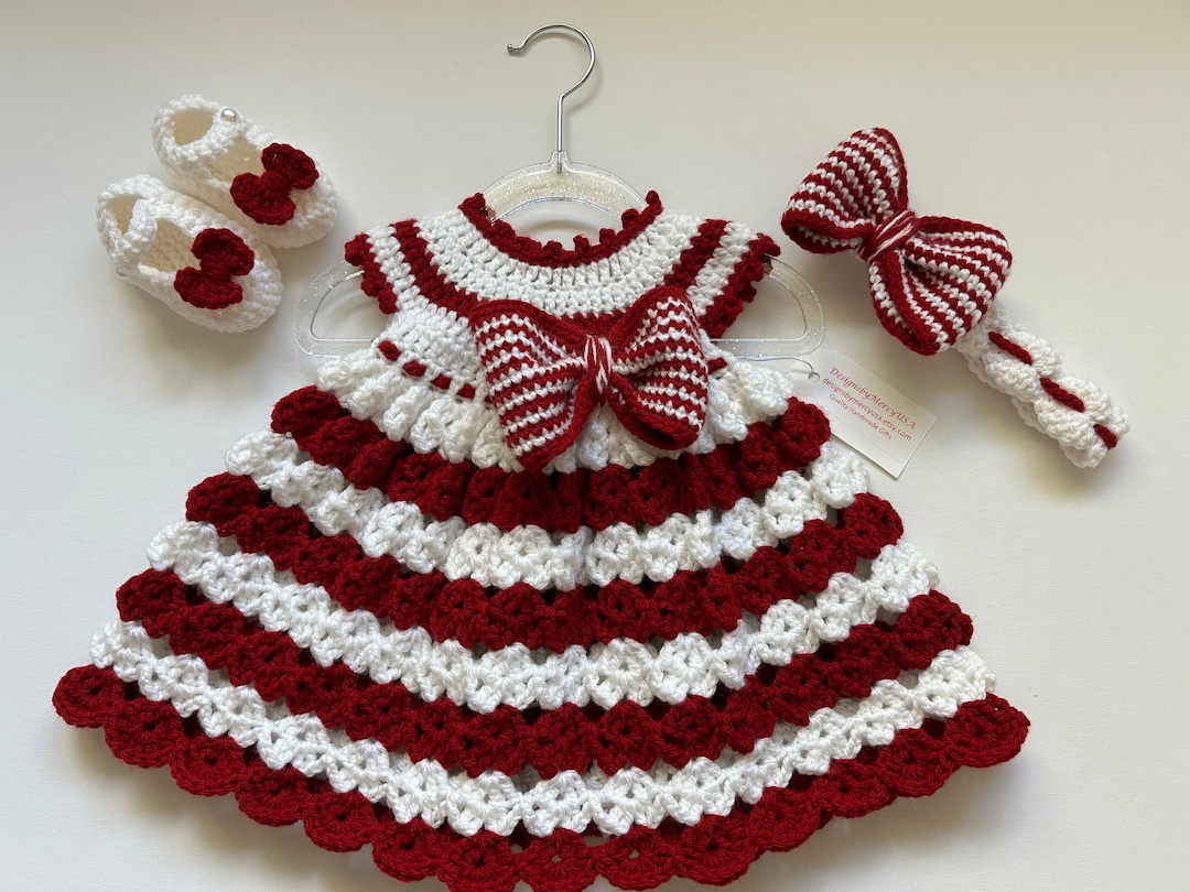 Crochet Baby Dress Set: Red & White Outfit, Headband and Booties (0-6 ...