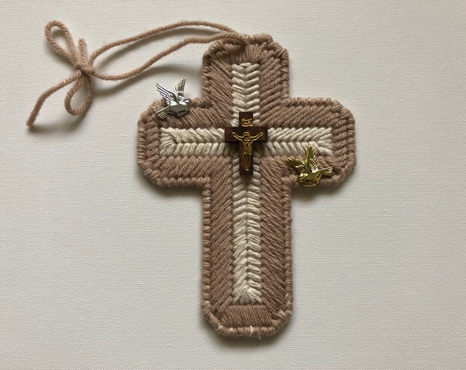 Cross Ornament Brown and Beige Plastic Canvas Cross Brown and Beige ...
