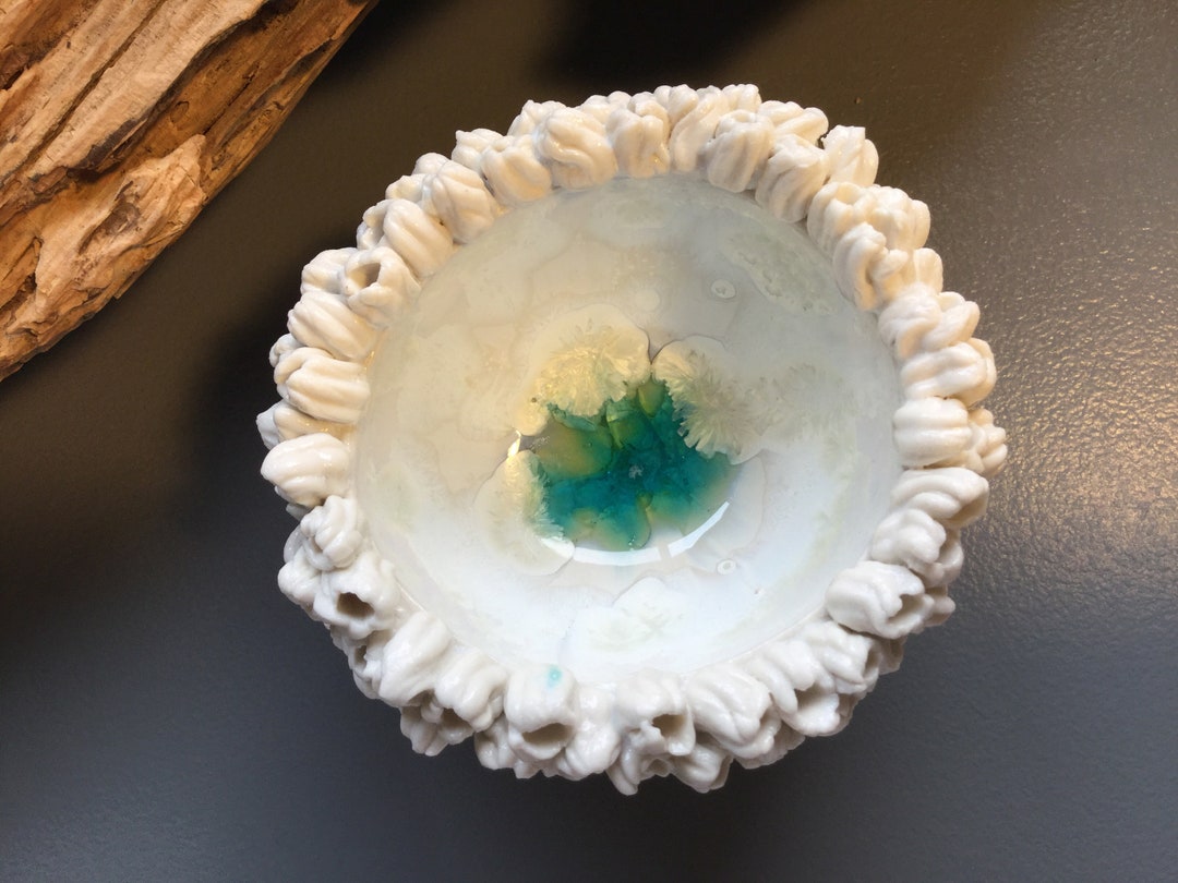 Handmade Tiny Barnacle Bowl, Fine White Porcelain With Turquoise Glaze ...