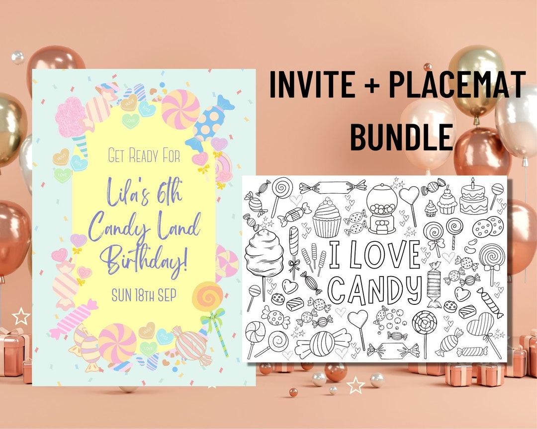 Digital Pastel Candy Land Birthday Invitation + Candy Colouring in ...